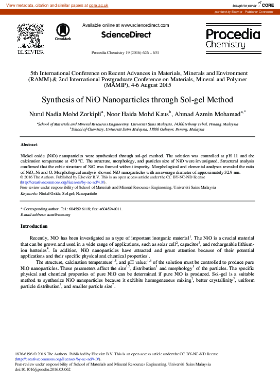 (PDF) Synthesis of NiO Nanoparticles through Sol-gel Method