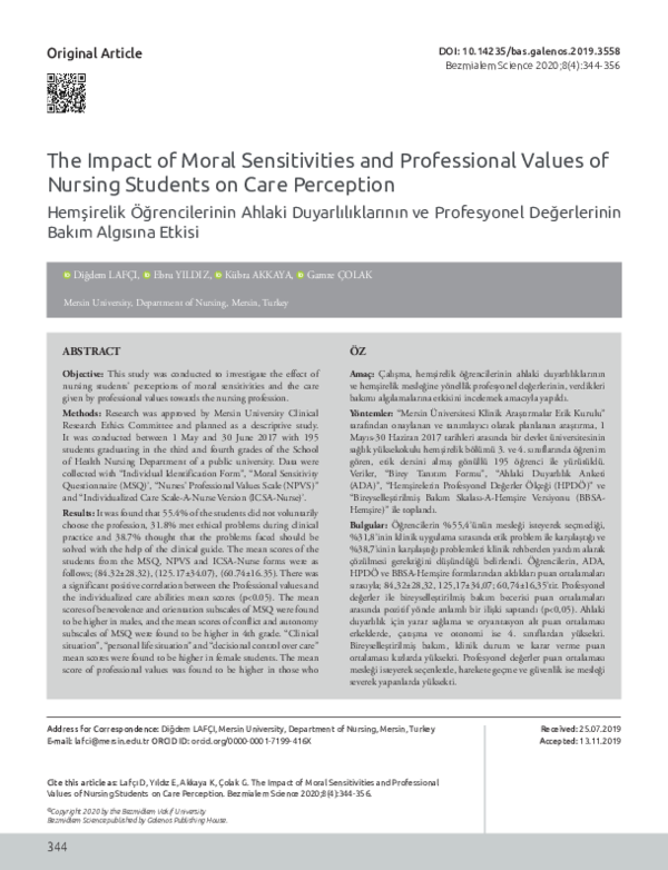 (PDF) The Impact of Moral Sensitivities and Professional Values of Nursing Students on Care ...