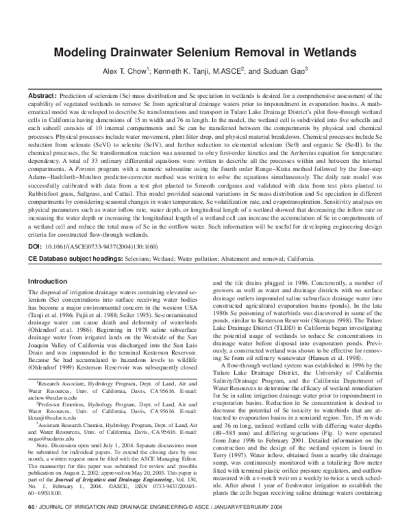 (PDF) Modeling Drainwater Selenium Removal in Wetlands
