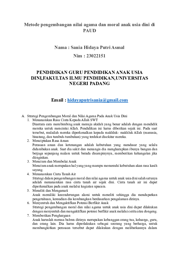 (PDF) Metode pengembangan nilai agama dan moral anak usia dini di PAUD Nama : Sania Hidaya Putri ...