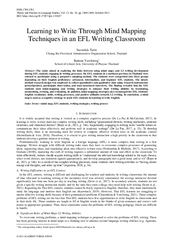 (PDF) Learning to Write Through Mind Mapping Techniques in an EFL Writing Classroom