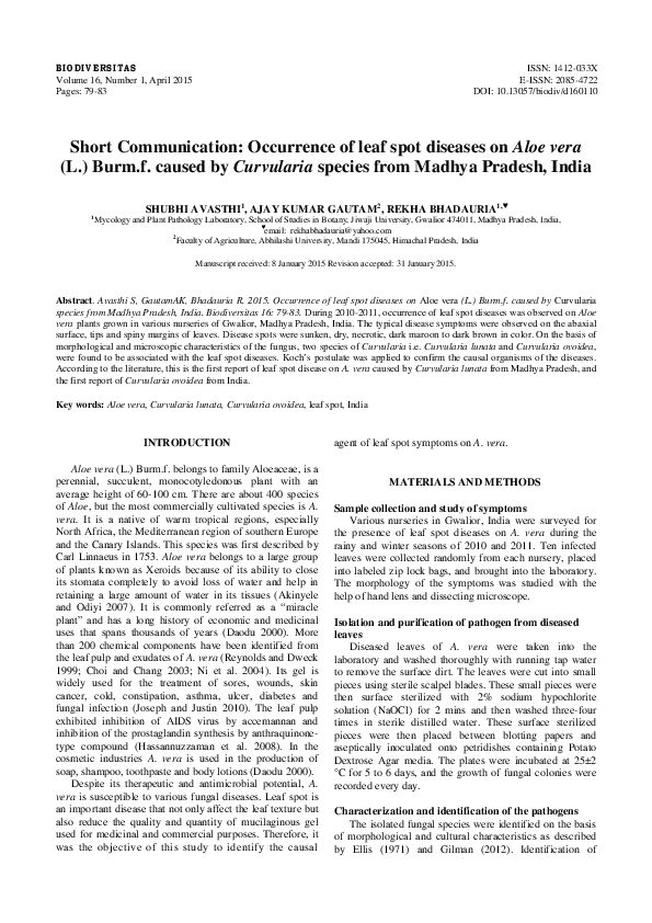 (PDF) Short Communication: Occurrence of leaf spot diseases on Aloe ...
