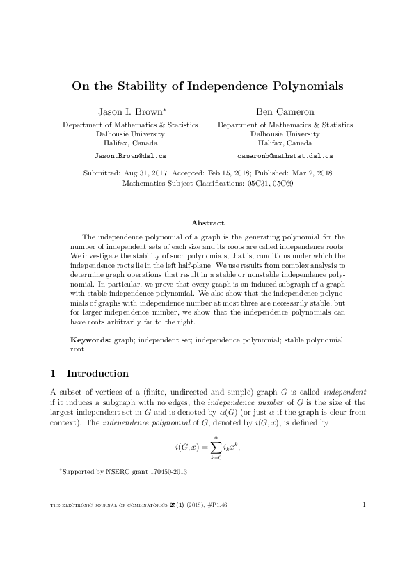 (PDF) On the Stability of Independence Polynomials