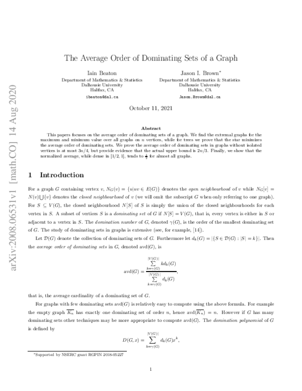 (PDF) The average order of dominating sets of a graph | Jason Brown - Academia.edu