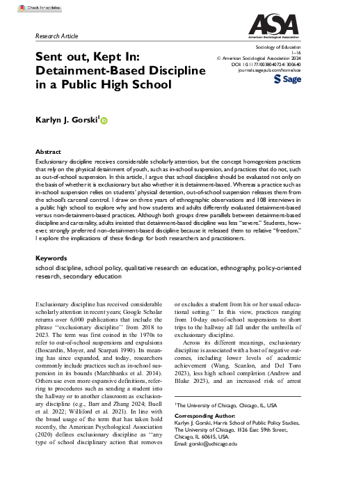 (PDF) Sent out, Kept In: Detainment-Based Discipline in a Public High ...