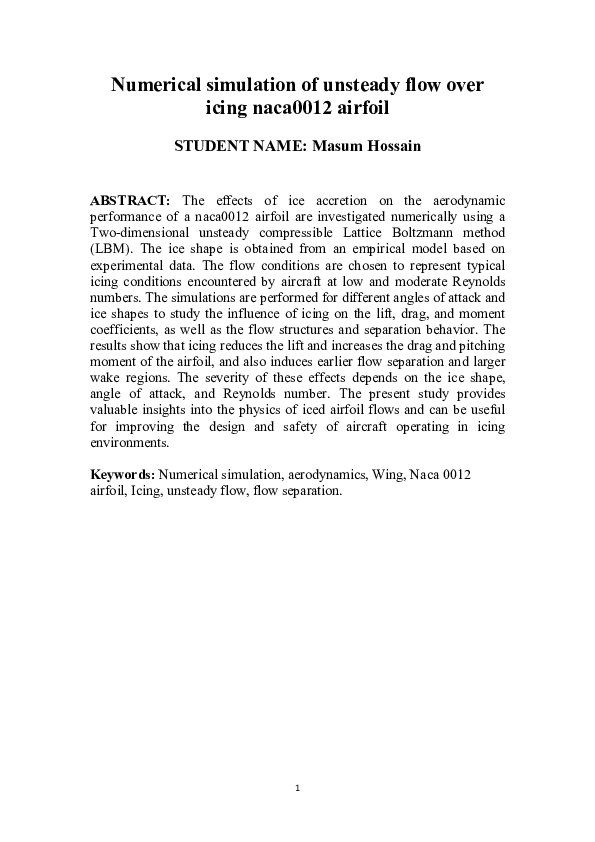 (PDF) Numerical simulation of unsteady flow over icing naca0012 airfoil