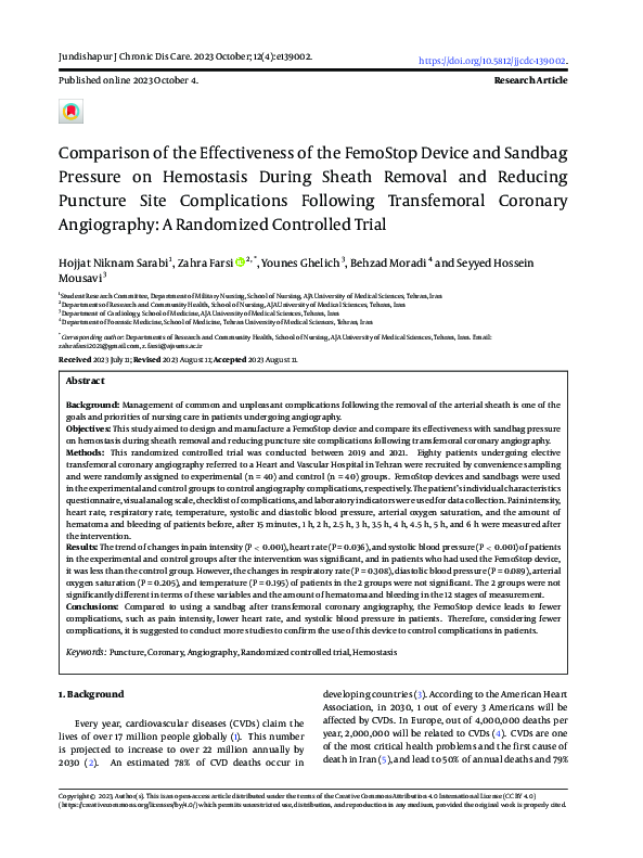 (PDF) Comparison of the Effectiveness of the FemoStop Device and ...
