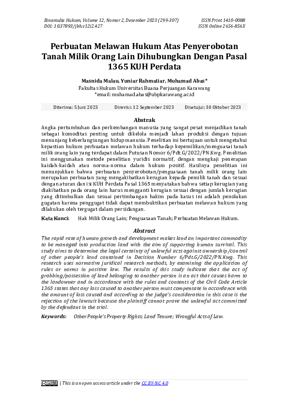 (PDF) Perbuatan Melawan Hukum Atas Penyerobotan Tanah Milik Orang Lain ...