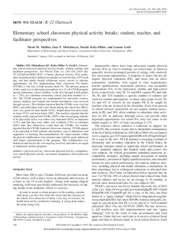 (PDF) Elementary school classroom physical activity breaks: student ...