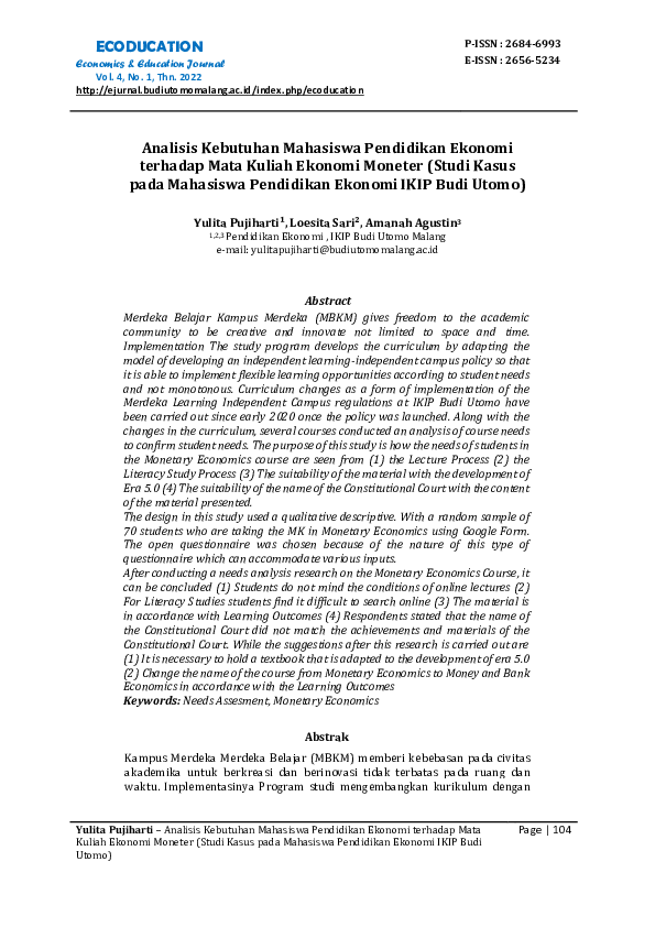 (PDF) Analisis Kebutuhan Mahasiswa Pendidikan Ekonomi Terhadap Mata Kuliah Ekonomi Moneter ...