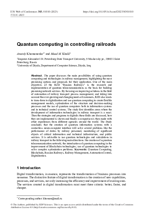 (PDF) Quantum computing in controlling railroads