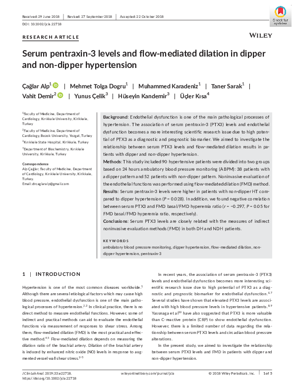(PDF) Serum pentraxin‐3 levels and flow‐mediated dilation in dipper and ...