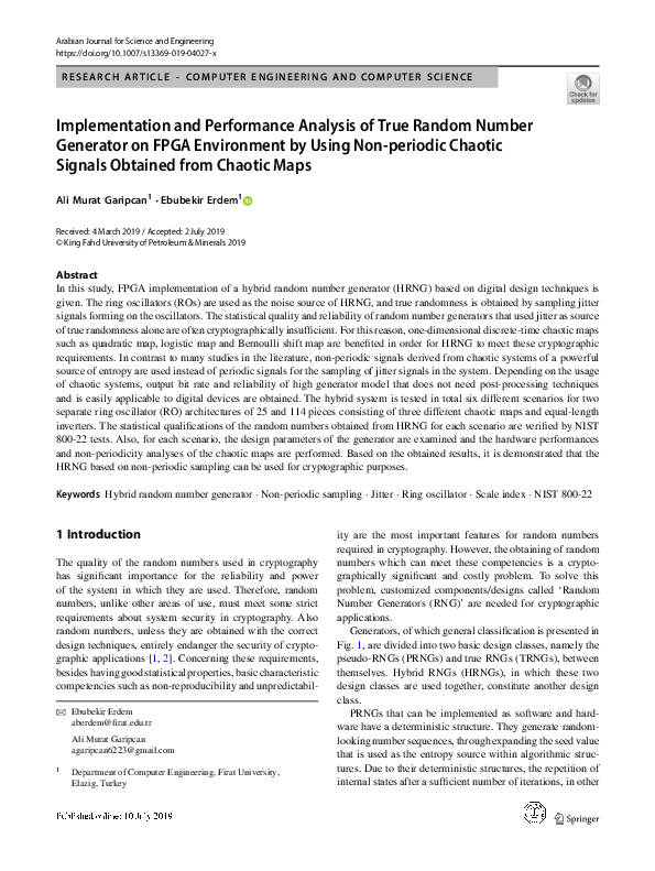 Pdf Implementation And Performance Analysis Of True Random Number Generator On Fpga