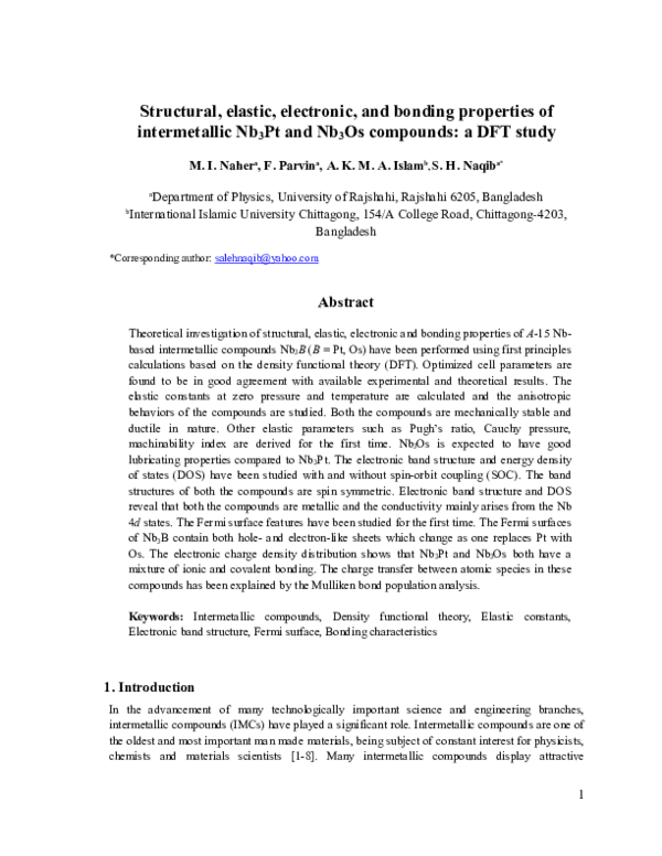 (PDF) Structural, elastic, electronic, and bonding properties of intermetallic Nb3Pt and Nb3Os ...