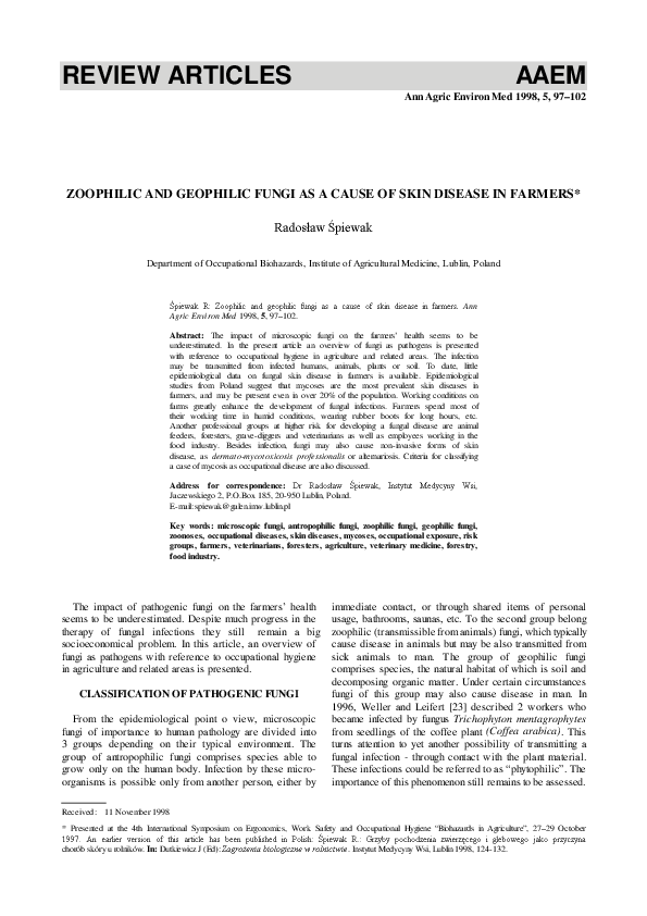 (PDF) Zoophilic and geophilic fungi as a cause of skin disease in farmers