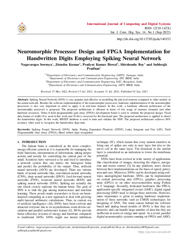 Pdf Neuromorphic Processor Design And Fpga Implementation For Handwritten Digits Employing