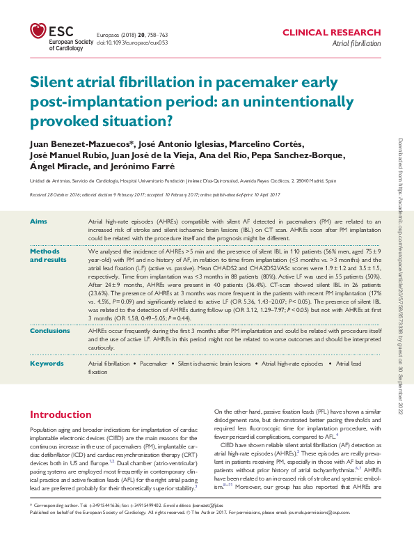 (PDF) Silent atrial fibrillation in pacemaker early post-implantation ...