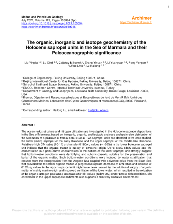 (PDF) The organic, inorganic and isotope geochemistry of the holocene ...