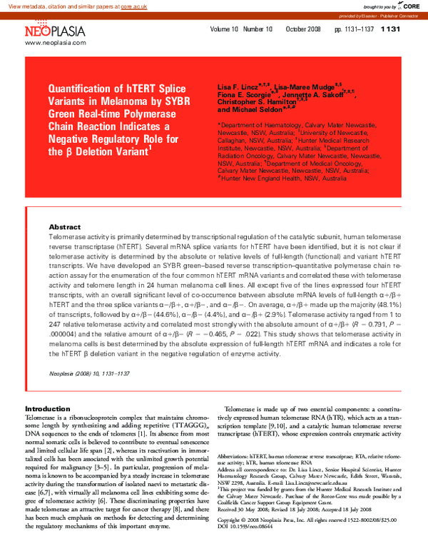 (PDF) Quantification of hTERT Splice Variants in Melanoma by SYBR Green Real-time Polymerase ...