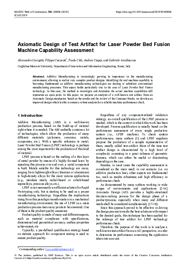 (PDF) Axiomatic Design of Test Artifact for Laser Powder Bed Fusion ...