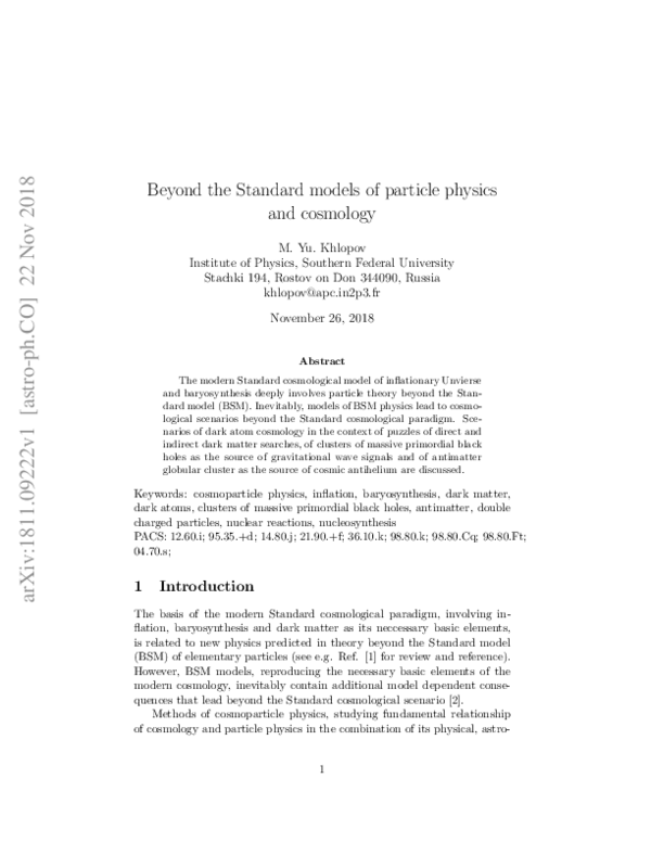 (PDF) Beyond the Standard models of particle physics and cosmology