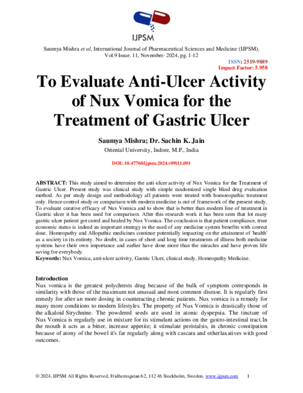 (PDF) To Evaluate Anti-Ulcer Activity of Nux Vomica for the Treatment ...