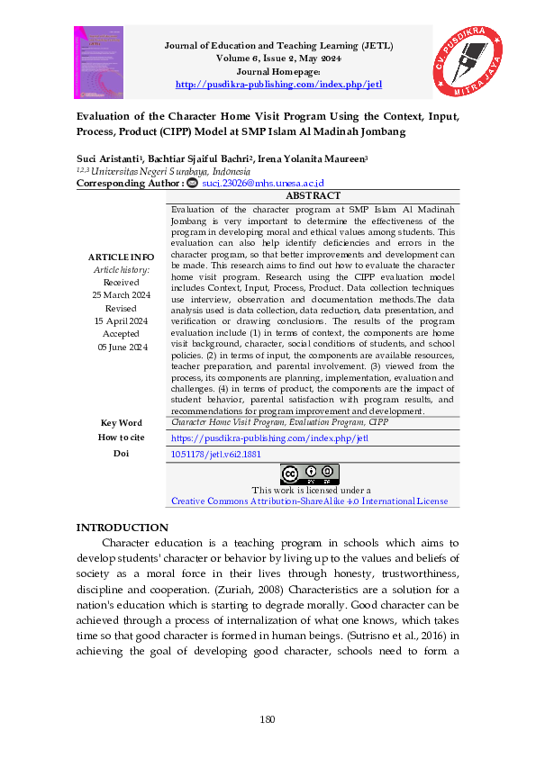 (PDF) Evaluation of the Character Home Visit Program Using the Context, Input, Process, Product ...
