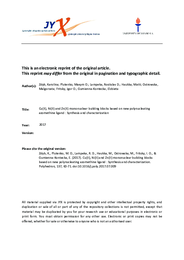 (PDF) Cu(II), Ni(II) and Zn(II) mononuclear building blocks based on new polynucleating ...