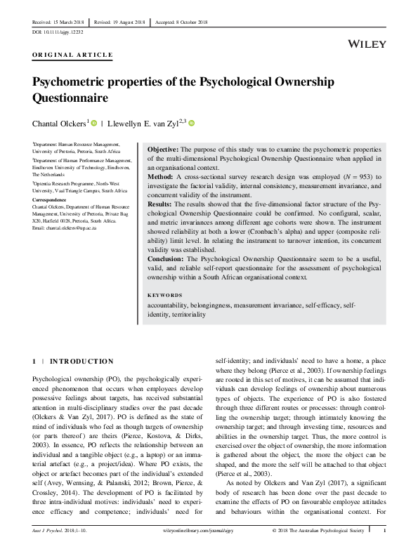 (PDF) Psychometric properties of the Psychological Ownership Questionnaire