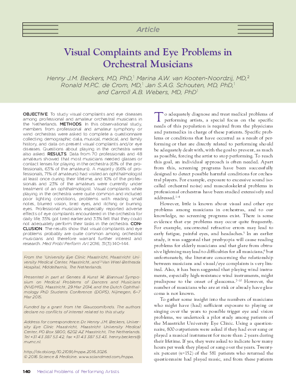 (PDF) Visual Complaints and Eye Problems in Orchestral Musicians