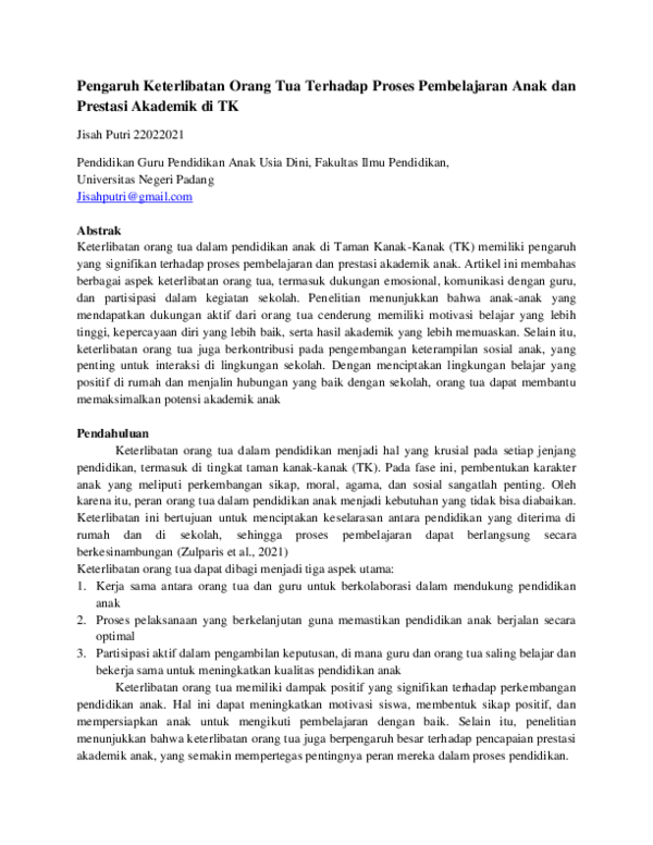 (PDF) Pengaruh Keterlibatan Orang Tua Terhadap Proses Pembelajaran Anak dan Prestasi Akademik di TK