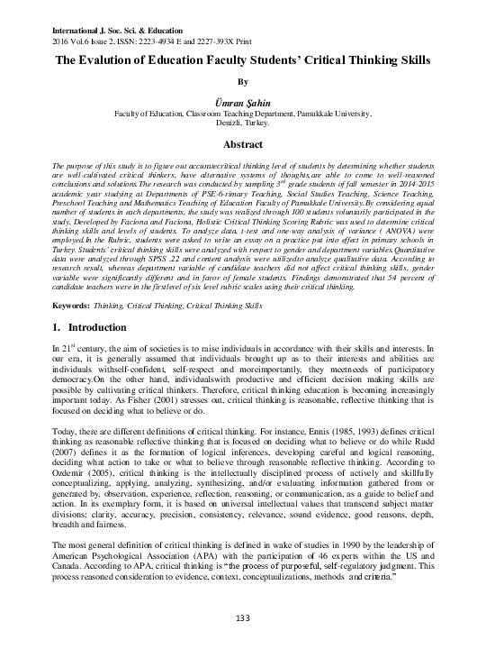 (PDF) The Evalution of Education Faculty Students' Critical Thinking Skills