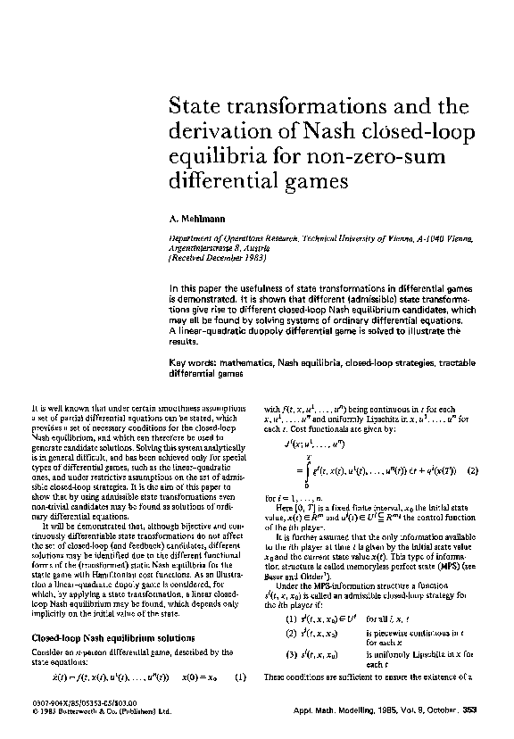 (PDF) State transformations and the derivation of Nash closed-loop equilibria for non-zero-sum ...