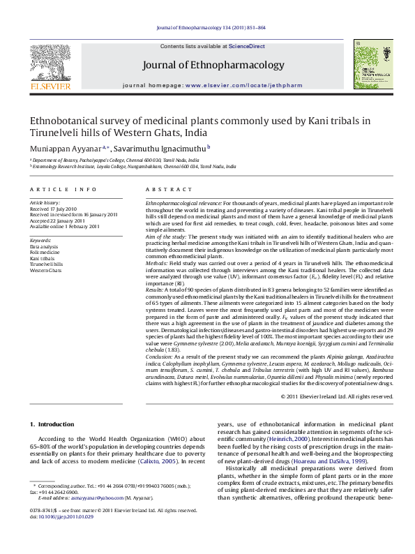 (PDF) Ethnobotanical survey of medicinal plants commonly used by Kani tribals in Tirunelveli ...