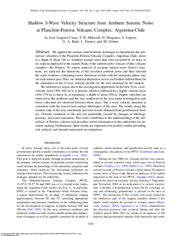 (PDF) Shallow S‐Wave Velocity Structure from Ambient Seismic Noise at Planchón‐Peteroa Volcanic ...