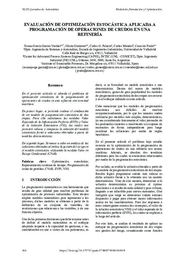 (PDF) Evaluación de optimización estocástica aplicada a programación de operaciones de crudos en ...