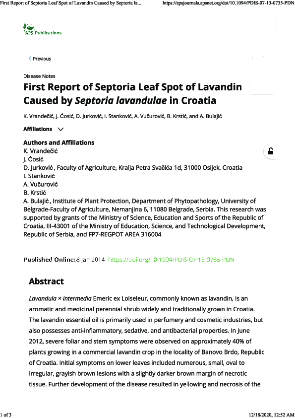 (PDF) First Report of Septoria Leaf Spot of Lavandin Caused by Septoria ...