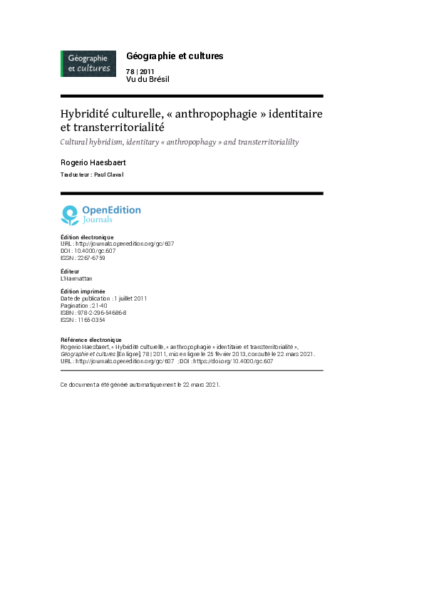 (PDF) Hybridité culturelle1, « anthropophagie » identitaire et ...