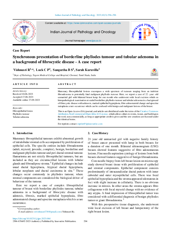 (PDF) Synchronous presentation of borderline phyllodes tumour and ...