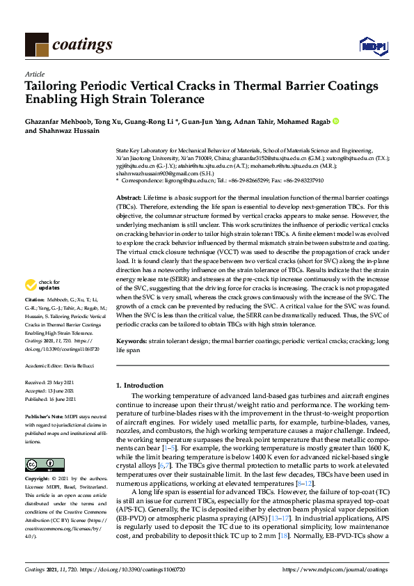 (PDF) Tailoring Periodic Vertical Cracks in Thermal Barrier Coatings Enabling High Strain Tolerance