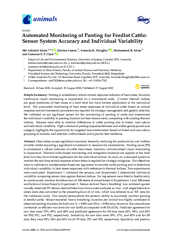 (PDF) Automated Monitoring of Panting for Feedlot Cattle: Sensor System Accuracy and Individual ...