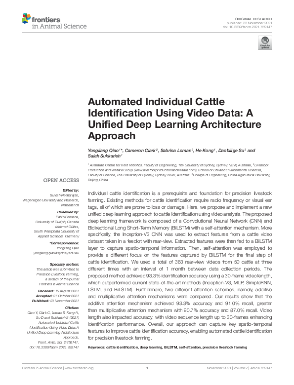 (PDF) Automated Individual Cattle Identification Using Video Data: A Unified Deep Learning ...