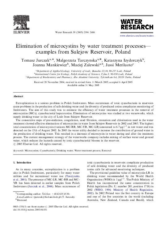 (PDF) Elimination of microcystins by water treatment processes—examples from Sulejow Reservoir ...