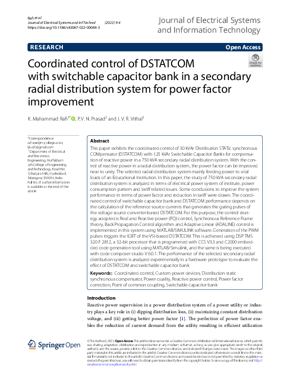 (PDF) Coordinated control of DSTATCOM with switchable capacitor bank in a secondary radial ...