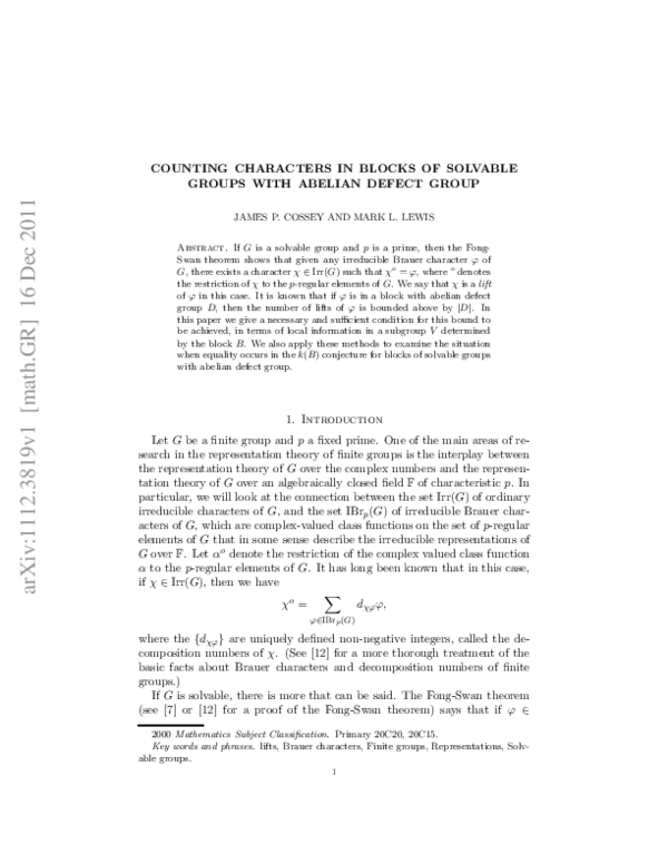 (PDF) Counting characters in blocks of solvable groups with abelian defect group