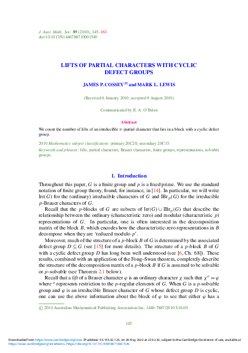 (PDF) Lifts of Partial Characters with Cyclic Defect Groups
