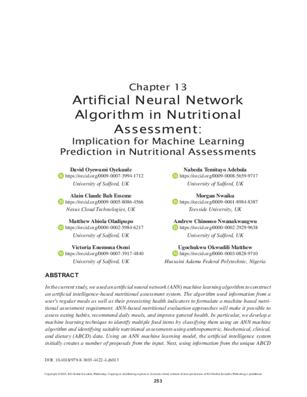 (PDF) Artificial Neural Network Algorithm in Nutritional Assessment: Implication for Machine ...