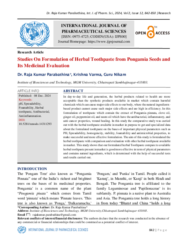 (PDF) Studies On Formulation of Herbal Toothpaste from Pongamia Seeds ...