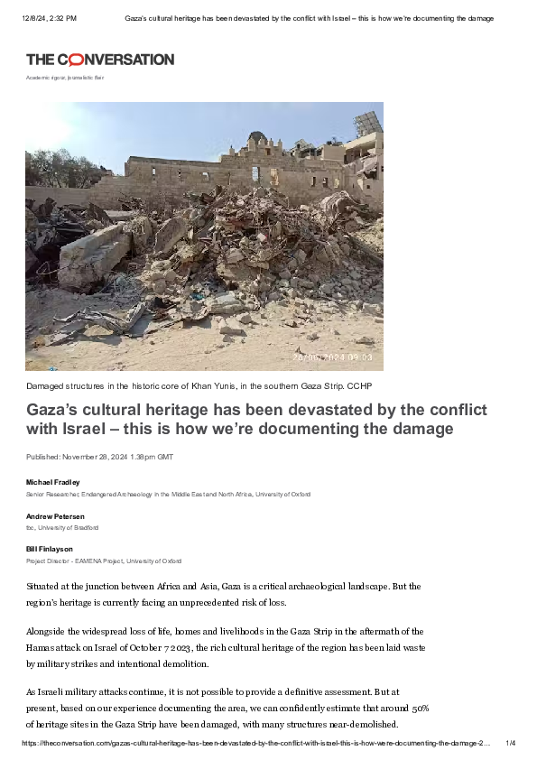 (PDF) Gaza’s cultural heritage; documenting the damage