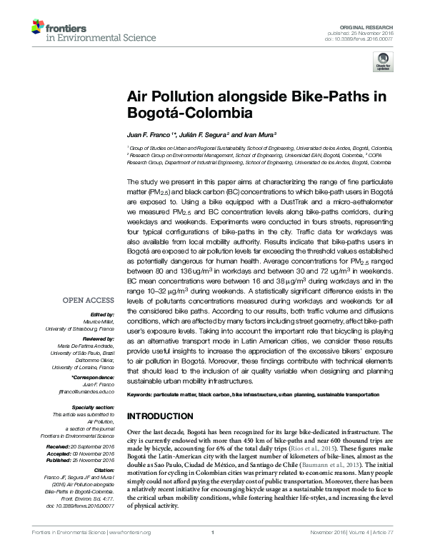 (PDF) Air Pollution alongside Bike-Paths in Bogotá-Colombia